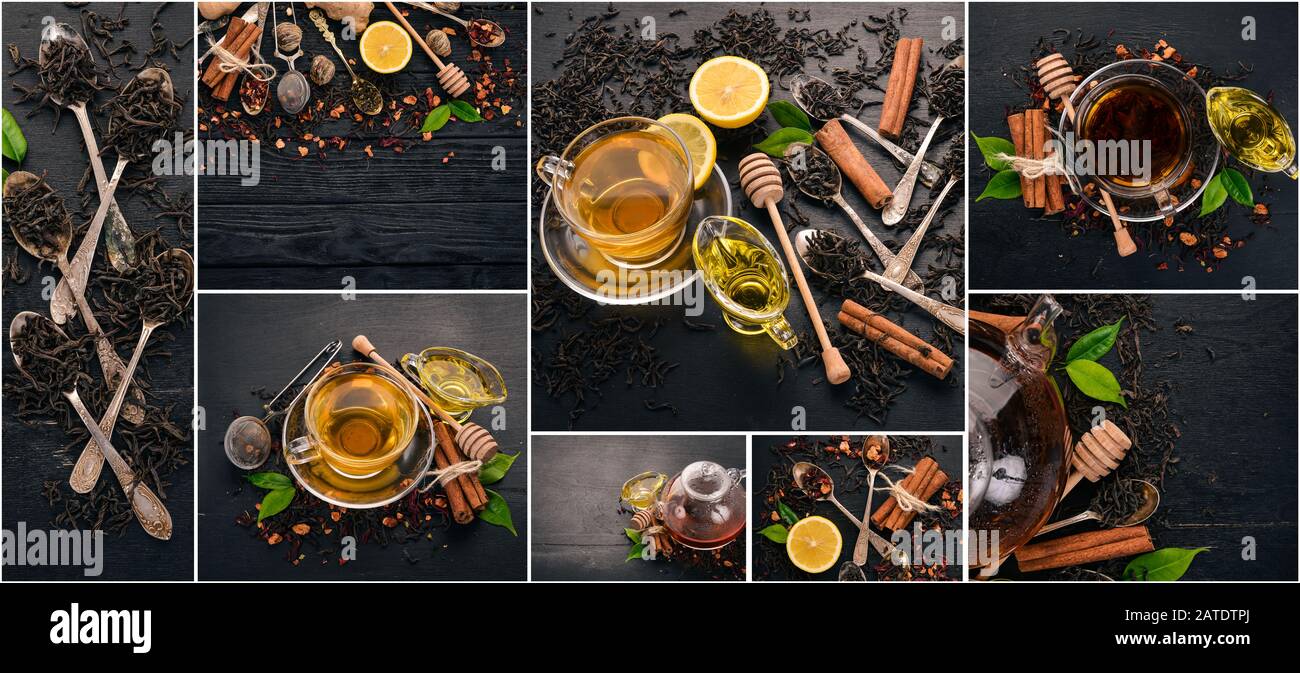 Photo collage Tea and tea leaves. Top view Stock Photo - Alamy