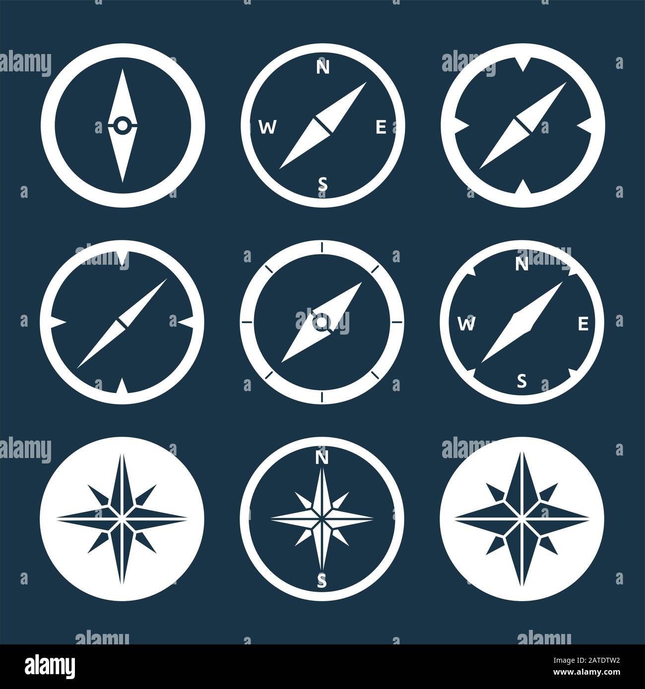 Compass flat icons set. Vector icons of a navigational compass in flat ...