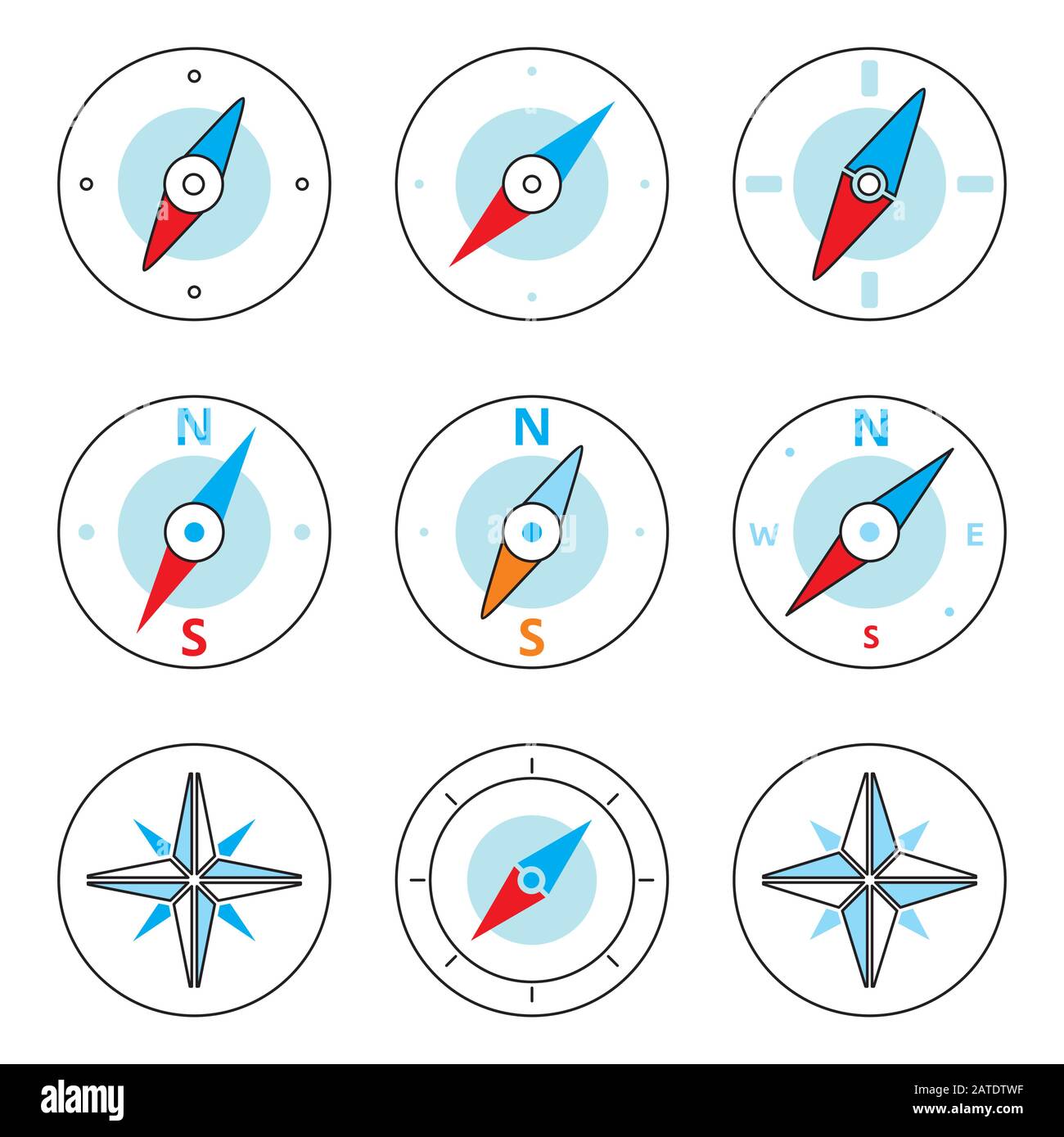 Compass thin line icons set. Vector icons of a navigational compass in ...