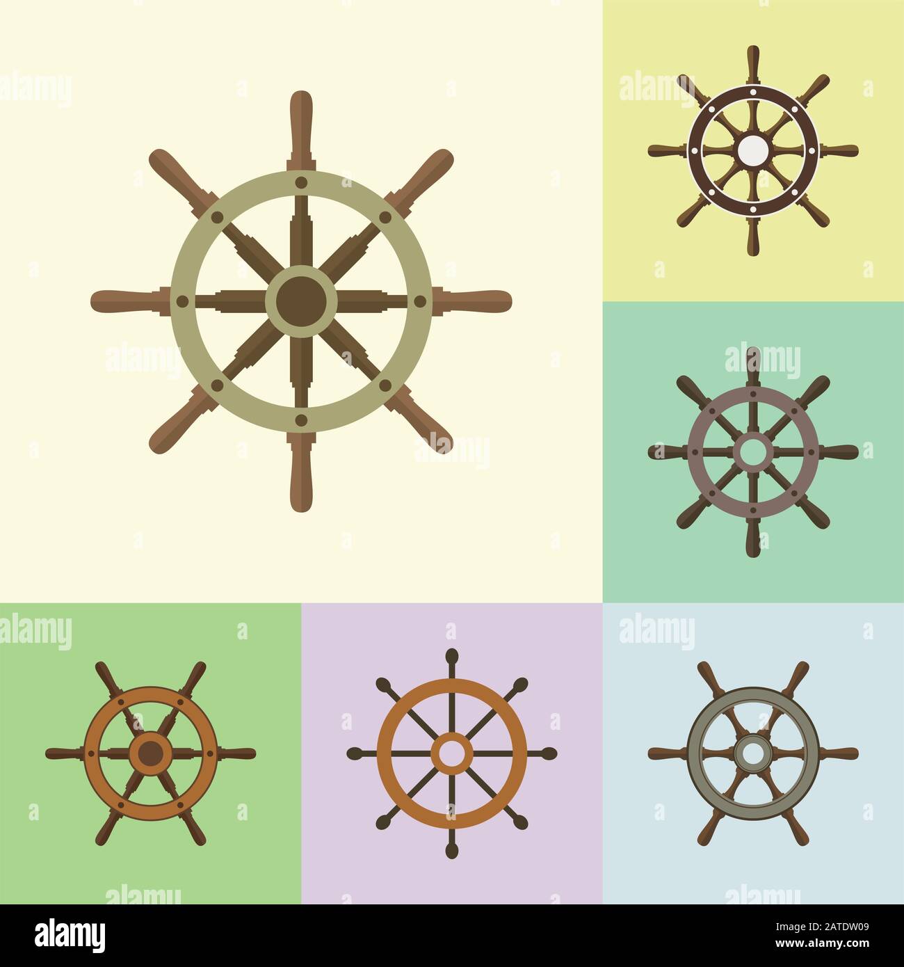 Set of ship helm vector icons flat design. Helm, steering wheel icons ...
