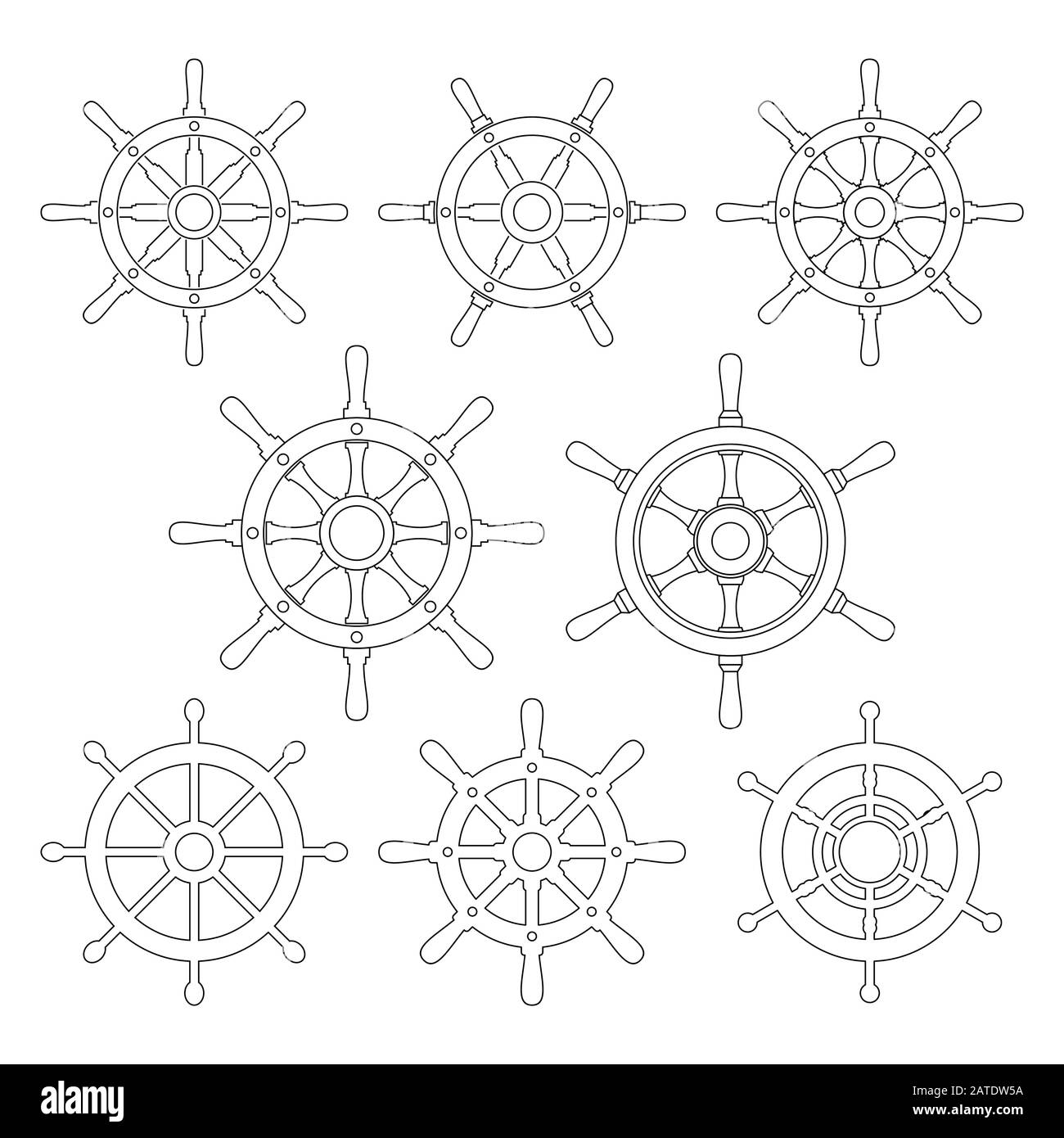 Ship helm vector icons set. Helm steering wheel thin line icons ...