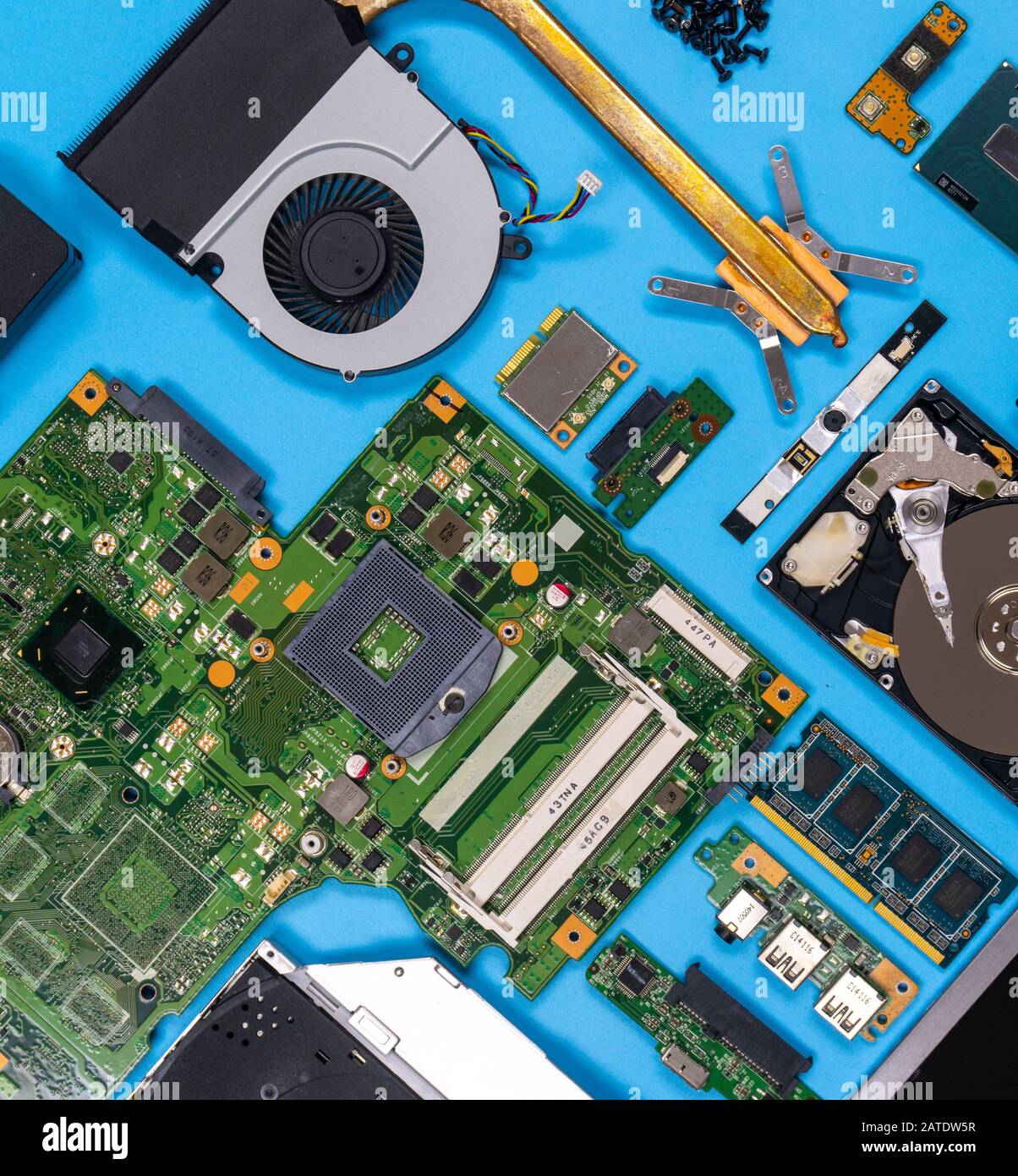 Parts of a modern computer. The insides of a laptop on a blue ...