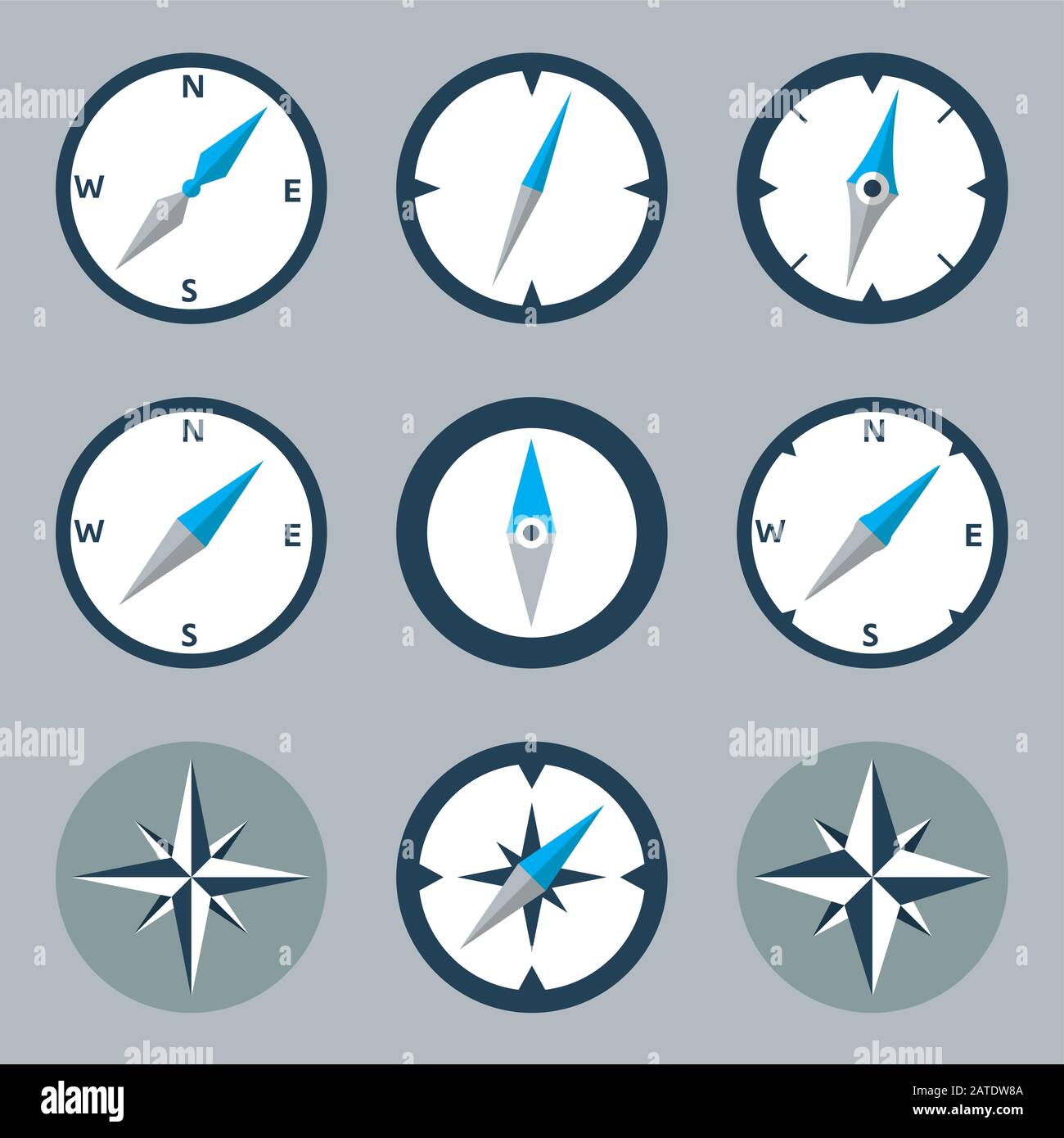 Compass flat icons set. Vector icons of a navigational compass in flat ...