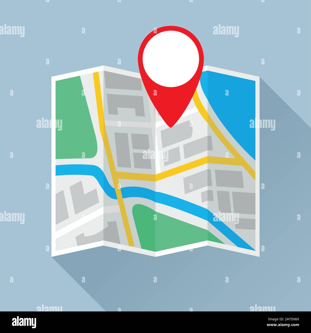 Folding paper city map with location mark. Colored flat icon. Vector ...