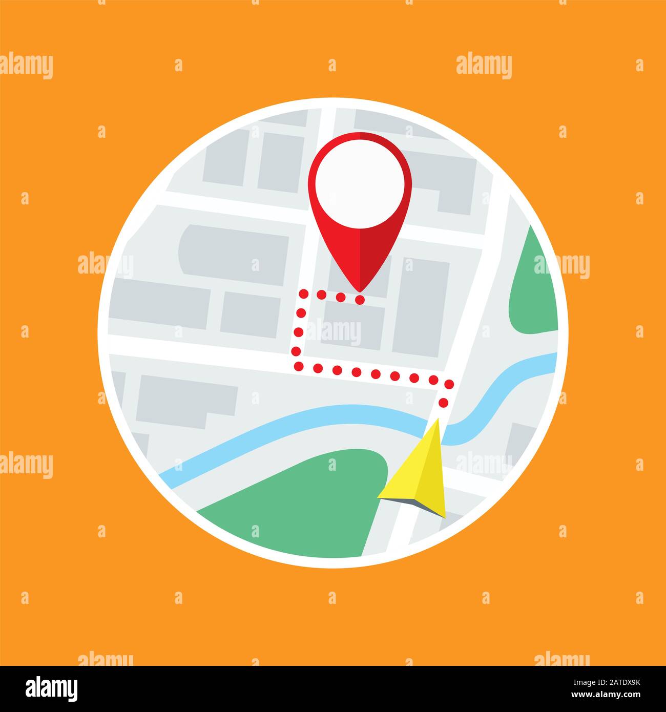 City map with navigation symbol, route and GPS location label. Colored ...