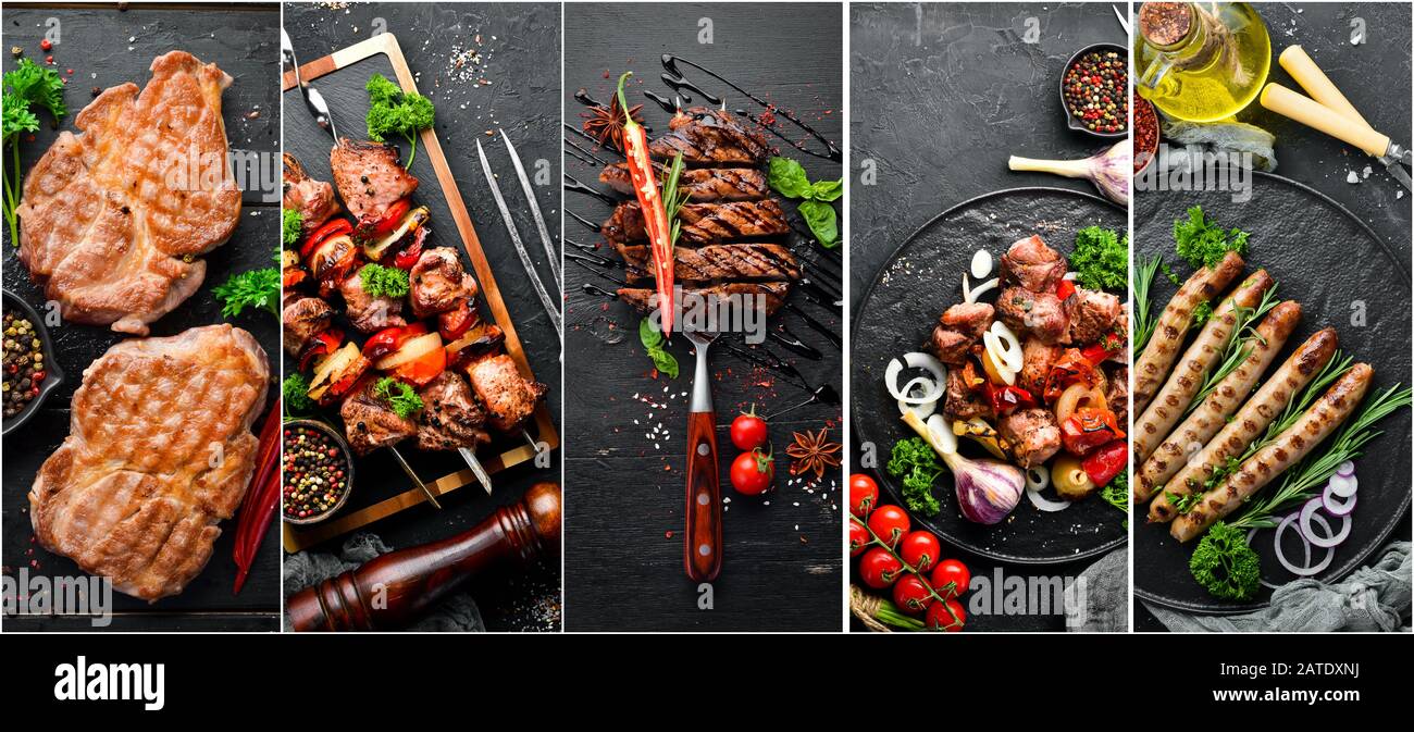 Barbecue, meat dishes: steak, kebab, sausage. Photo collage. Banner ...