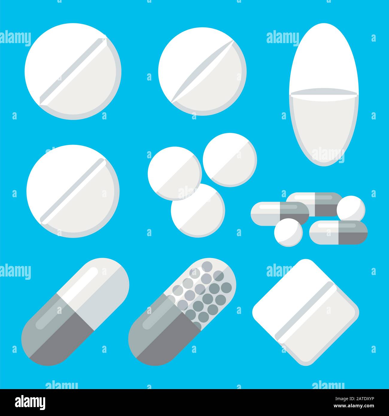 Medical pills icons in flat style. Set of stylized medicament pill ...