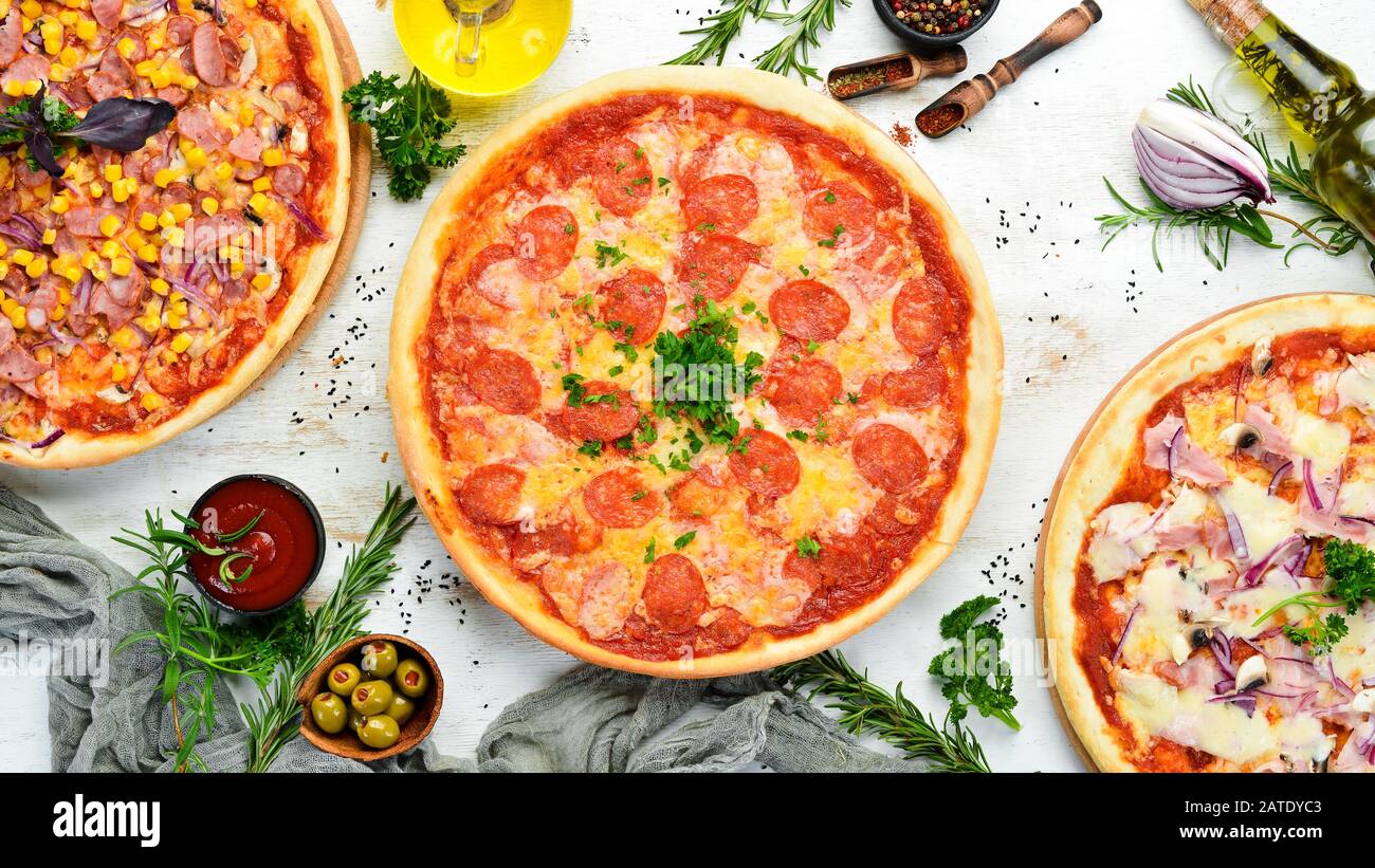 Traditional pizza paperoni. Top view. free space for your text. Rustic ...