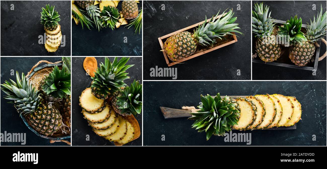 Photo collage Pineapple. Tropical Fruits. On a black background Stock ...
