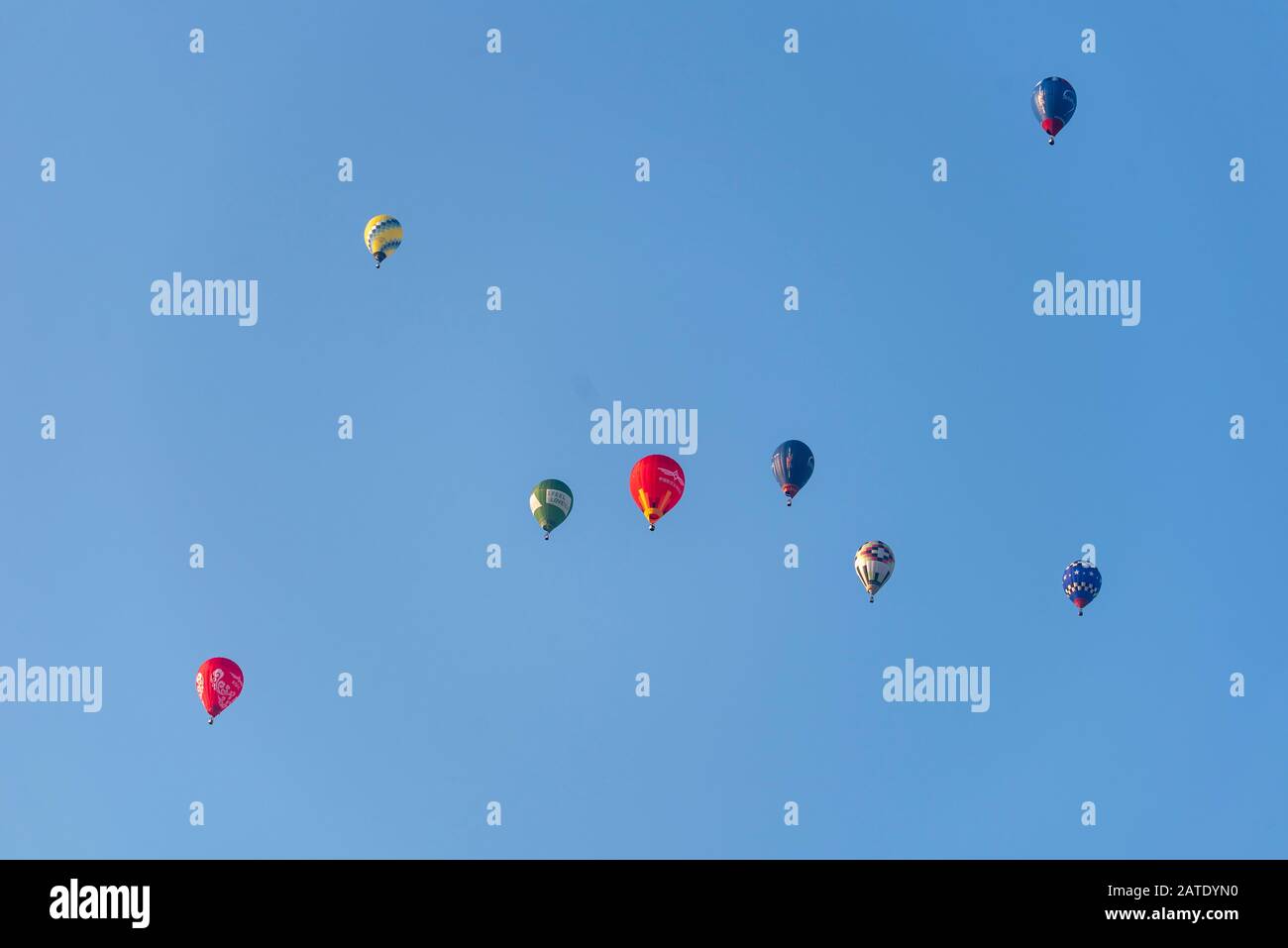Colored Baloons Fly Away In Crystal Clear Light Blue Sky Stock Photo ...