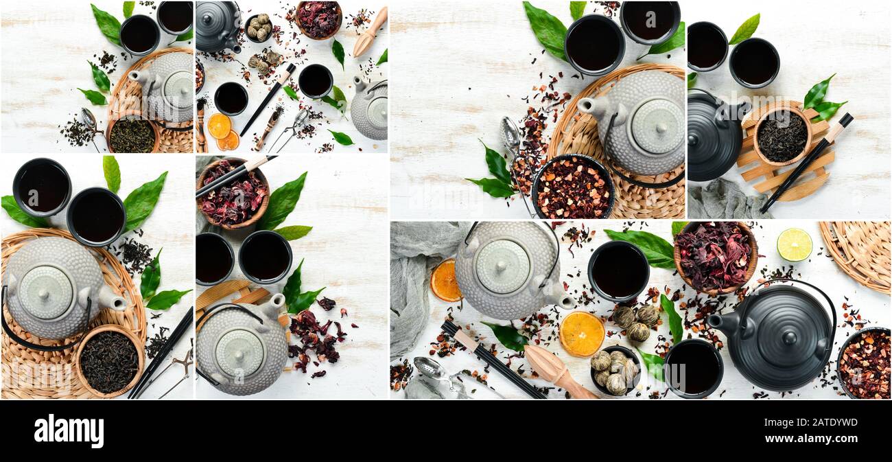 Photo banner. Photo collage, tea ceremony, tea in teapot with cups. On ...