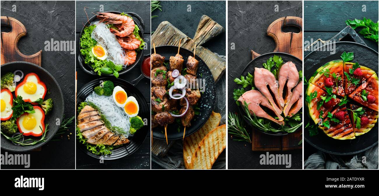 Set of dishes. Seafood, meat and vegetables. Photo collage. Banner ...