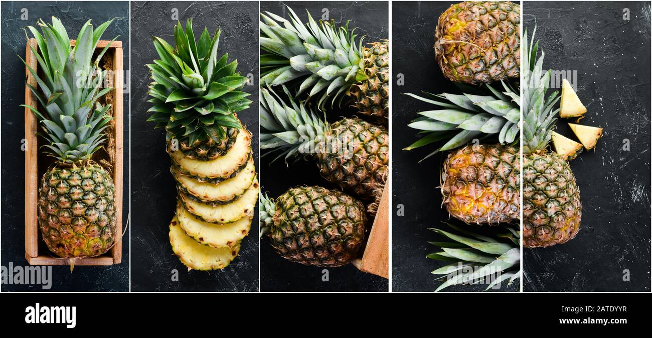 Photo collage Pineapple. Tropical Fruits. On a black background Stock ...