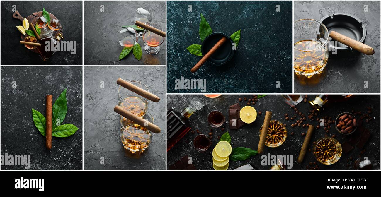 Photo banner. Collage photo with cigars, whiskey and brandy. On a black ...