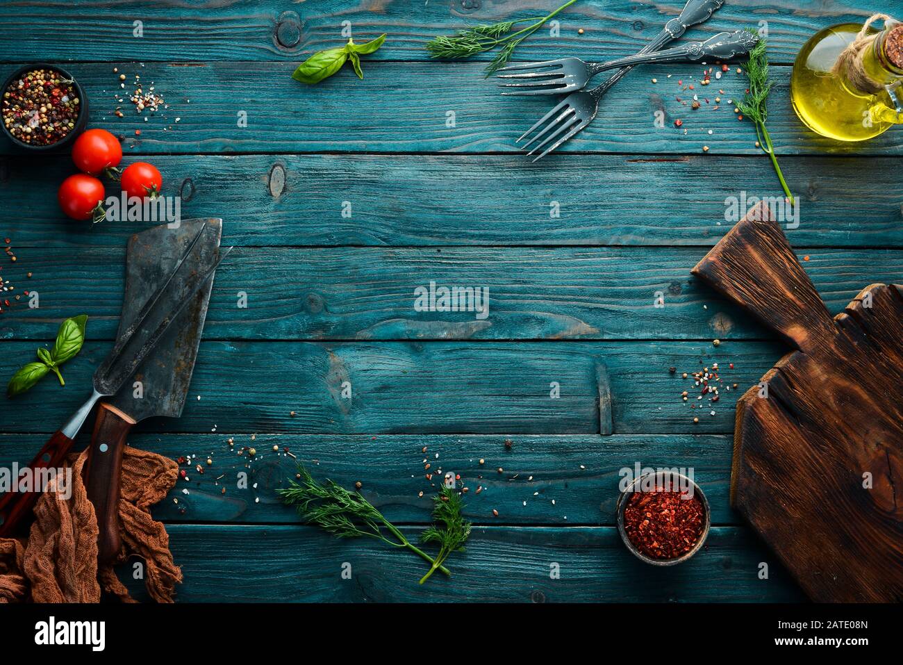Blue Food Background. Cooking Ingredients. Top view. Free space for ...
