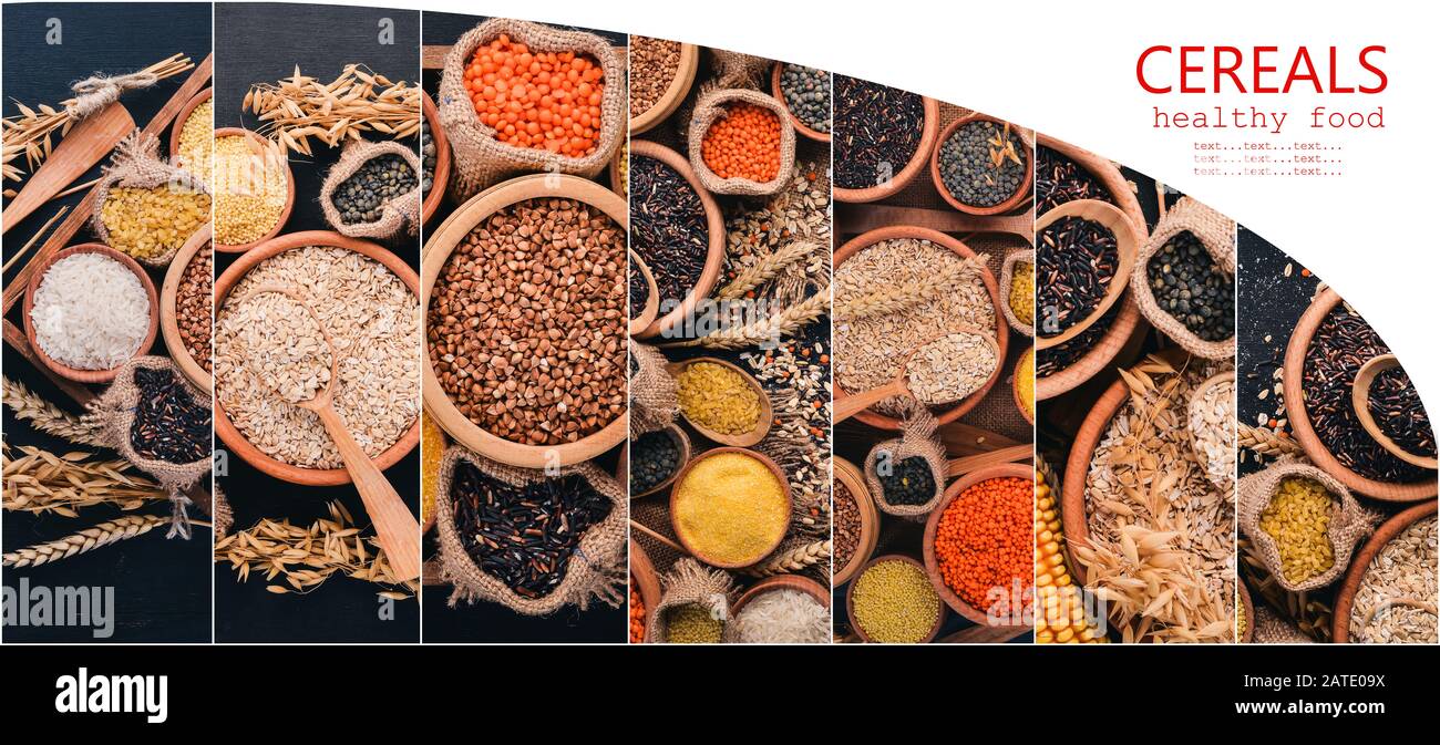 Photo collage Cereals and pulses. Top view Stock Photo - Alamy