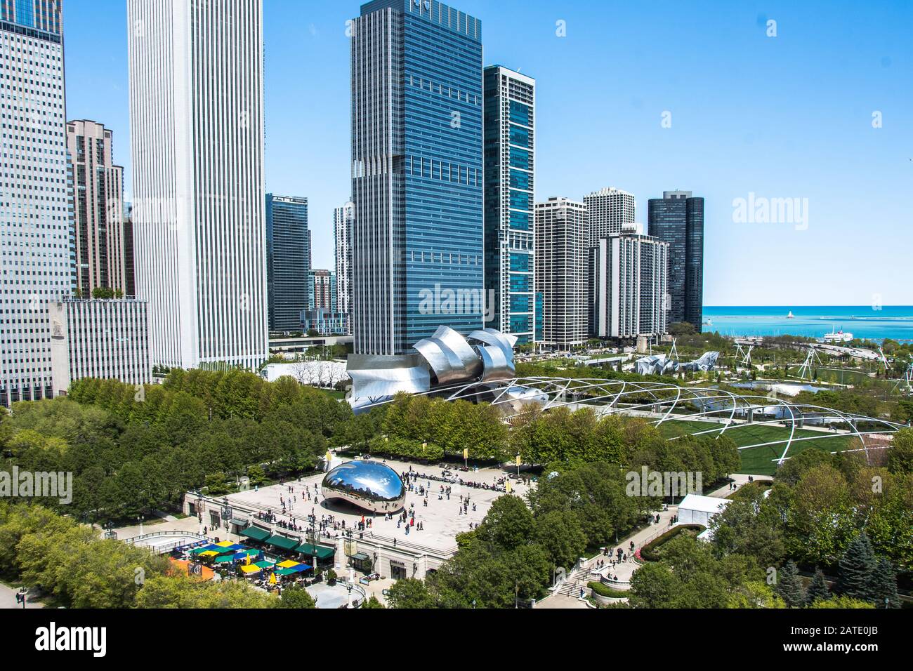 Downtown Chicago cityscape of Millenium park. Aerial view of Millenium ...