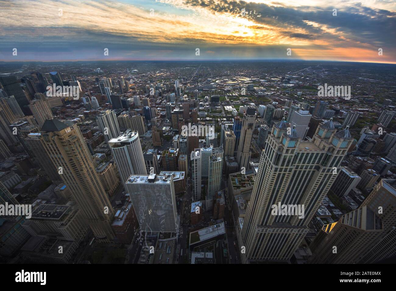 Chicago skyline panorama aerial view with skyscrapers and cloudy sky at ...