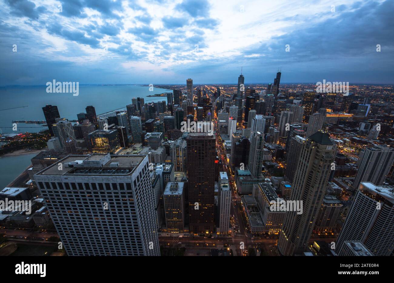Chicago skyline panorama aerial view with skyscrapers and cloudy sky at ...