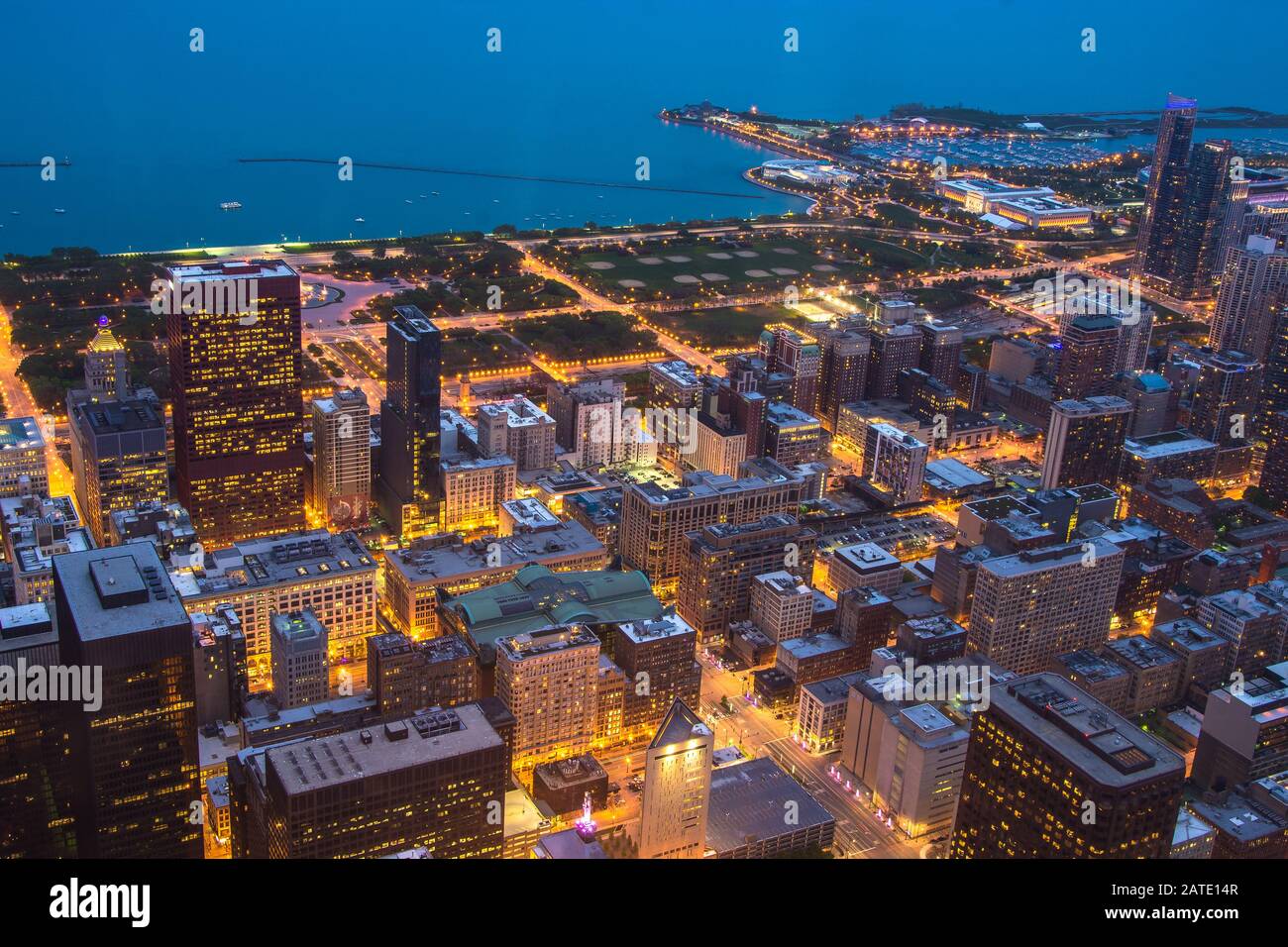 Chicago skyline aerial view at dusk, United States. Night Chicago ...