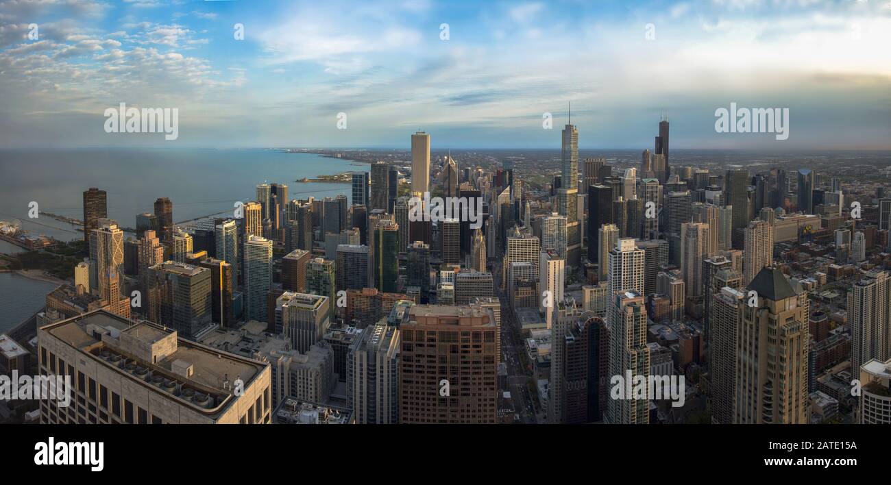Chicago skyline panorama aerial view with skyscrapers and cloudy sky at ...