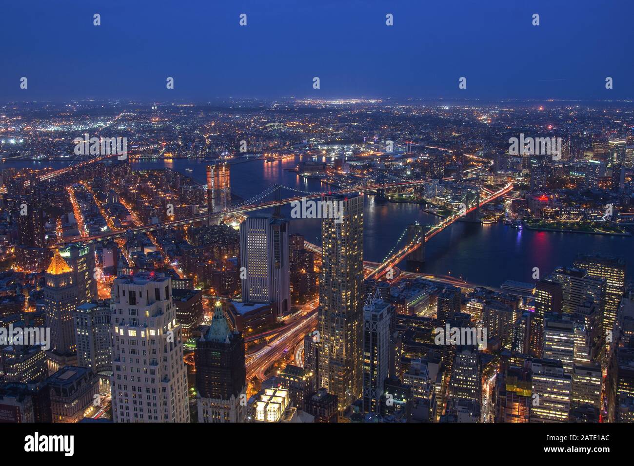 New York City Manhattan Times Square panorama aerial view at night with ...