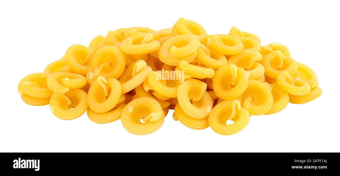 Group of dischi pasta shapes made from Durham wheat isolated on a white ...
