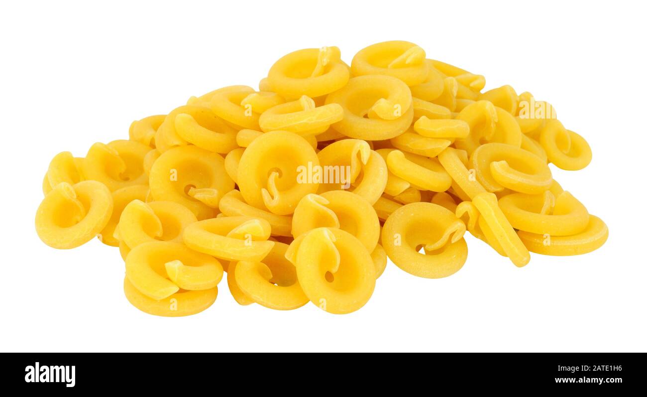Group of dischi pasta shapes made from Durham wheat isolated on a white ...
