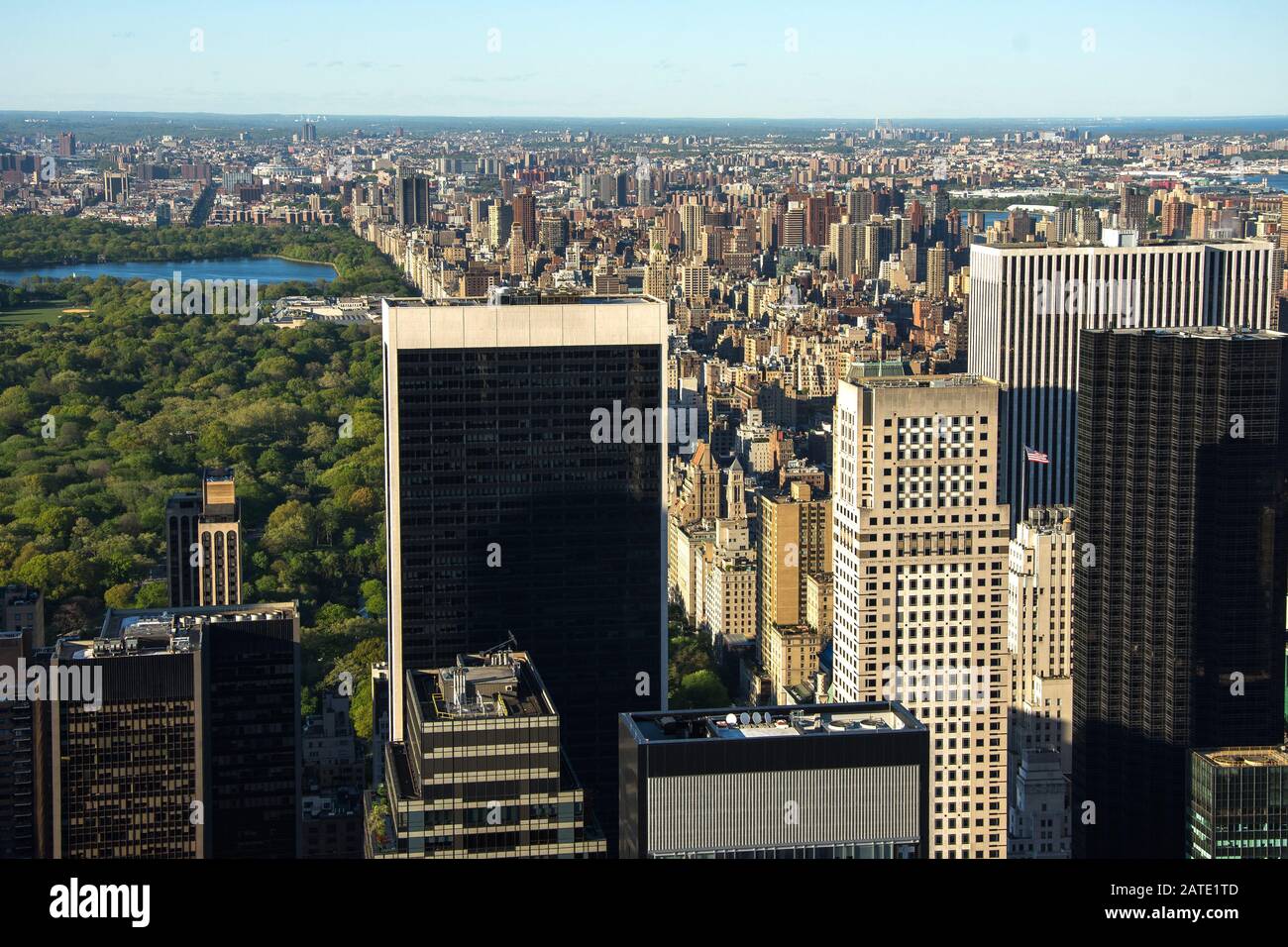 Aerial view of Central Park and Times Square, New York CIty at sunset ...