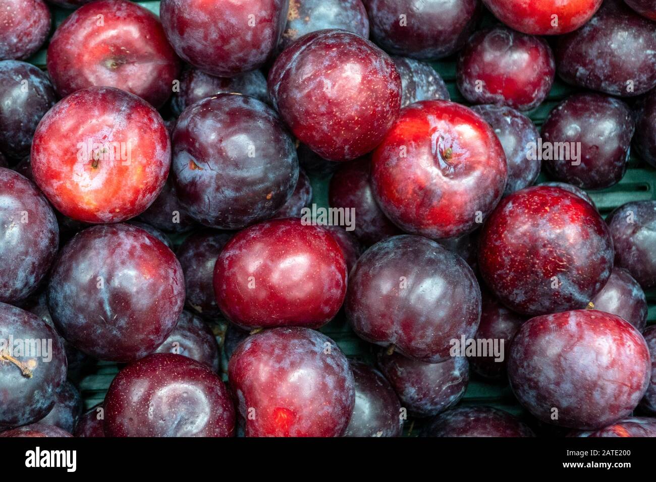 Ripe Plums on a shelf in the market. background Stock Photo - Alamy