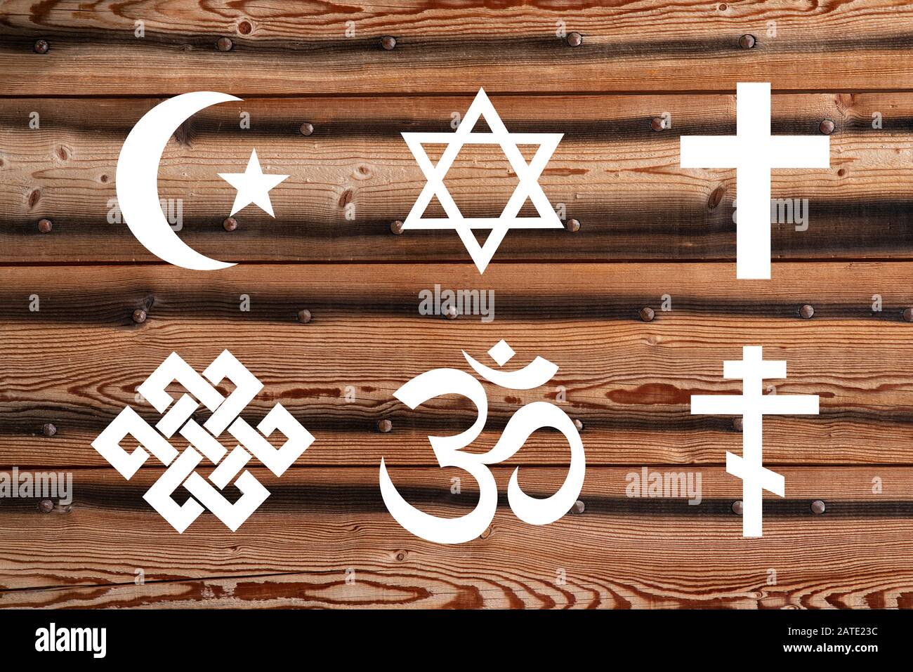 Symbol of different religions on a wooden Stock Photo - Alamy