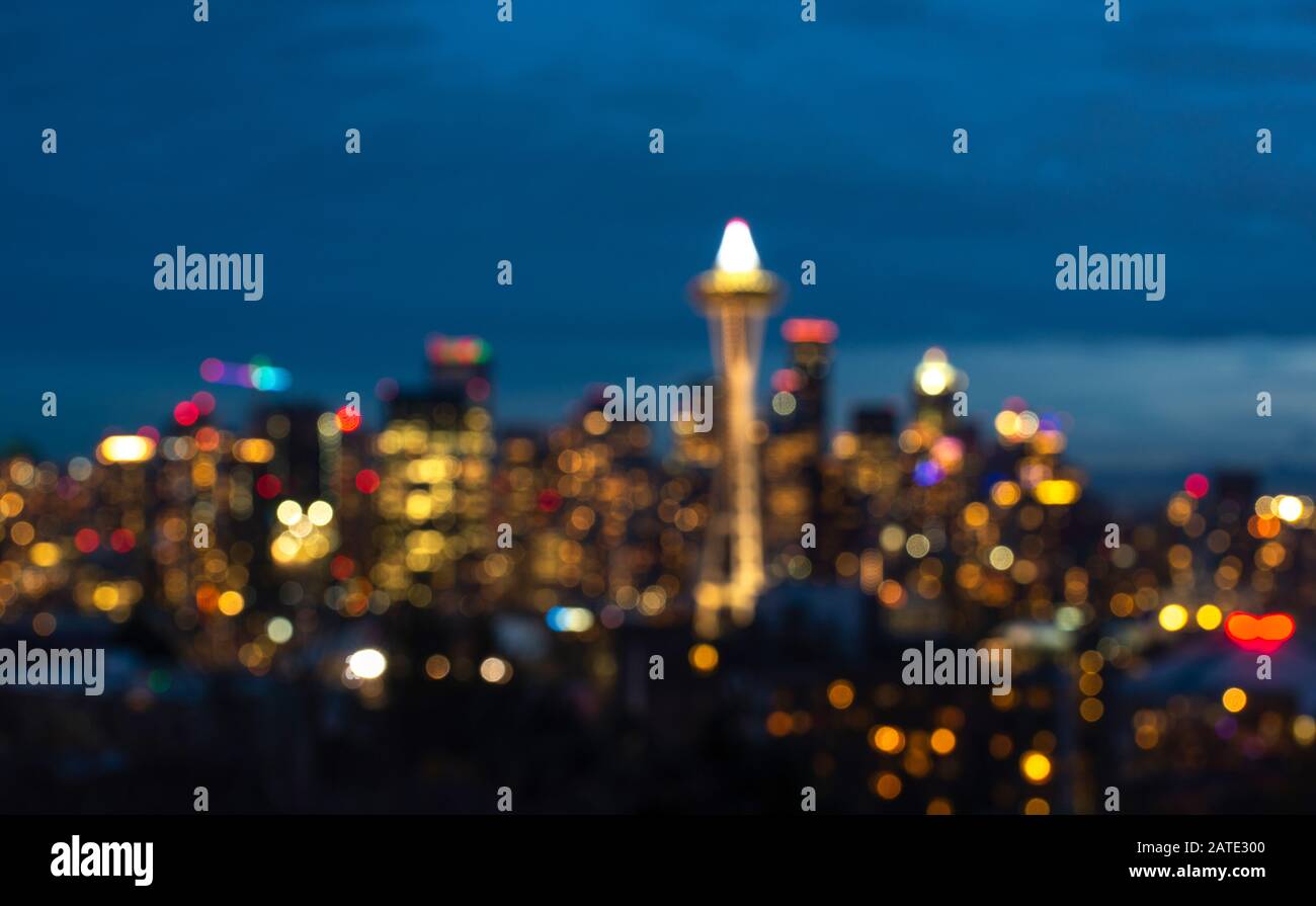 seattle city scape with traffic light from highway at night time ...