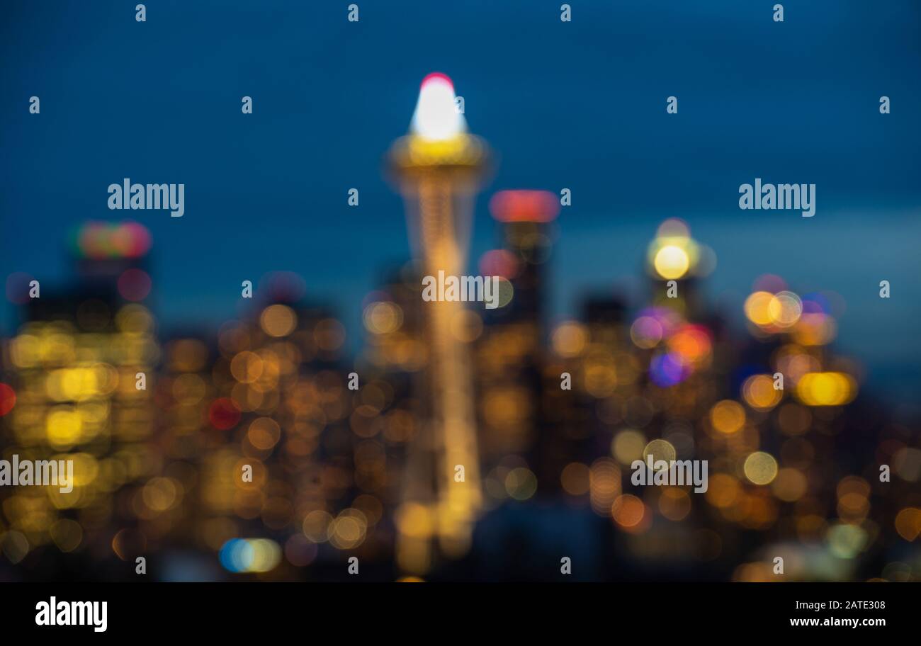 seattle city scape with traffic light from highway at night time ...