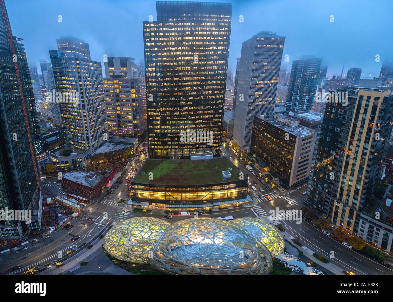 Aerial View of Seattle Downtown at Night from rooftop Stock Photo - Alamy