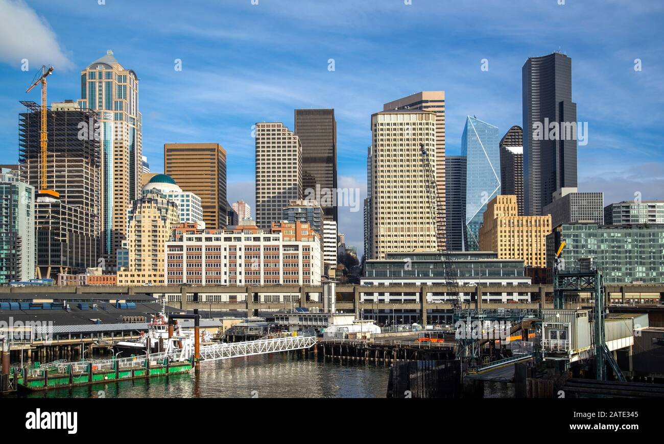 Seattle skyline from Bainbridge island ferry with water Stock Photo - Alamy