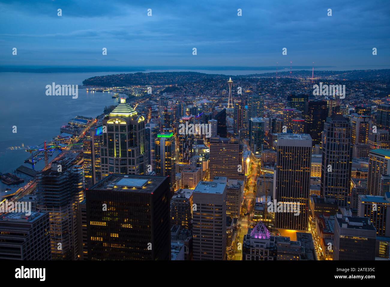 View of illuminated cityscape with space needle hi-res stock ...