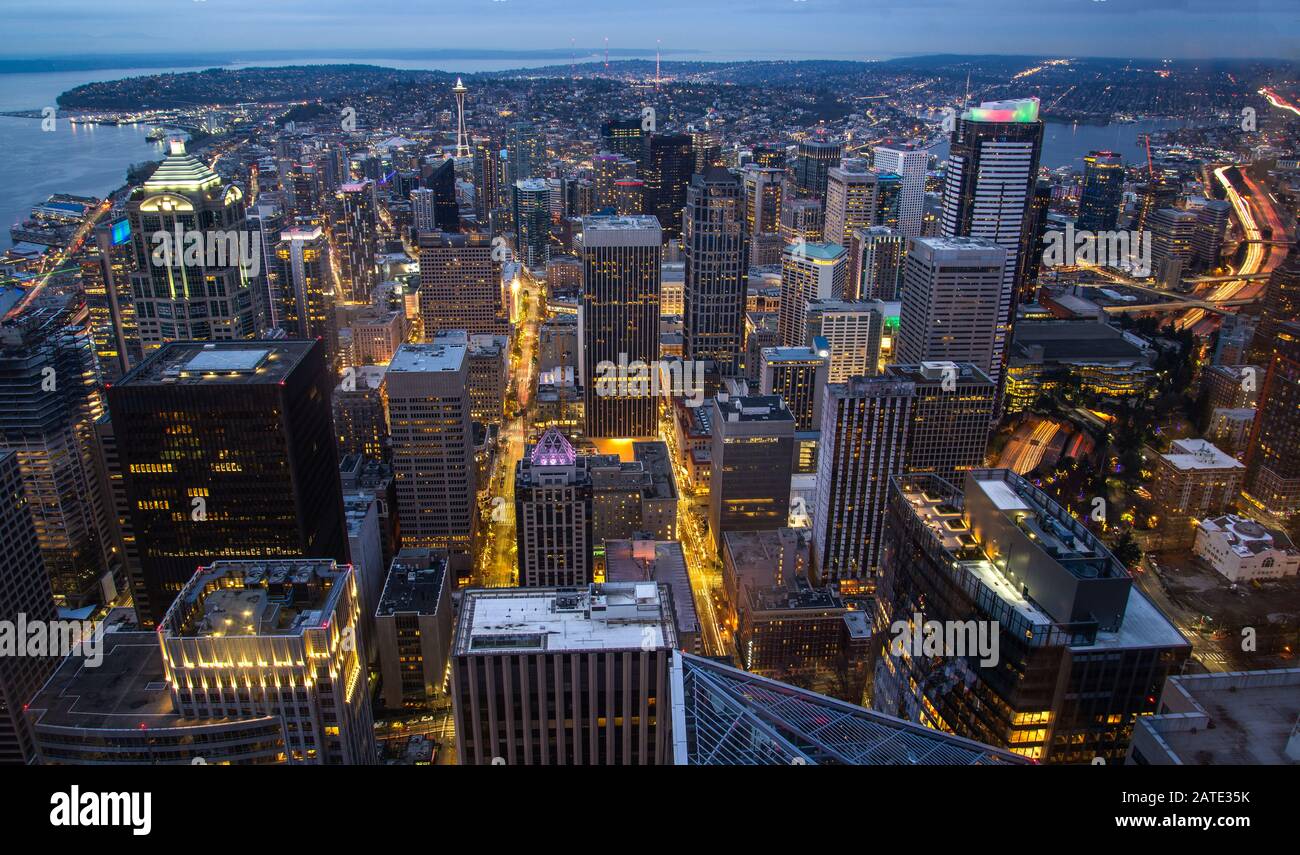 View of skyscrapers in downtown at night, in Seattle, Washington ...