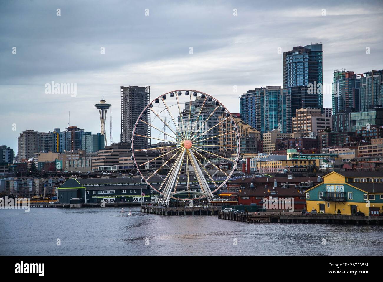 Seattle waterfront and skyline, with the Space Needle showing through ...