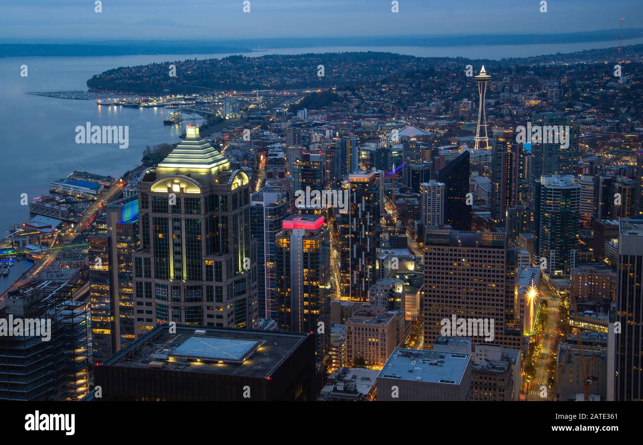 Seattle City at Night aerial view Stock Photo - Alamy