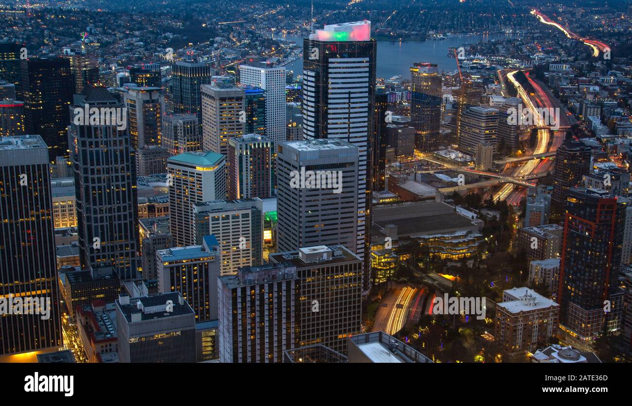 View of skyscrapers in downtown at night, in Seattle, Washington ...