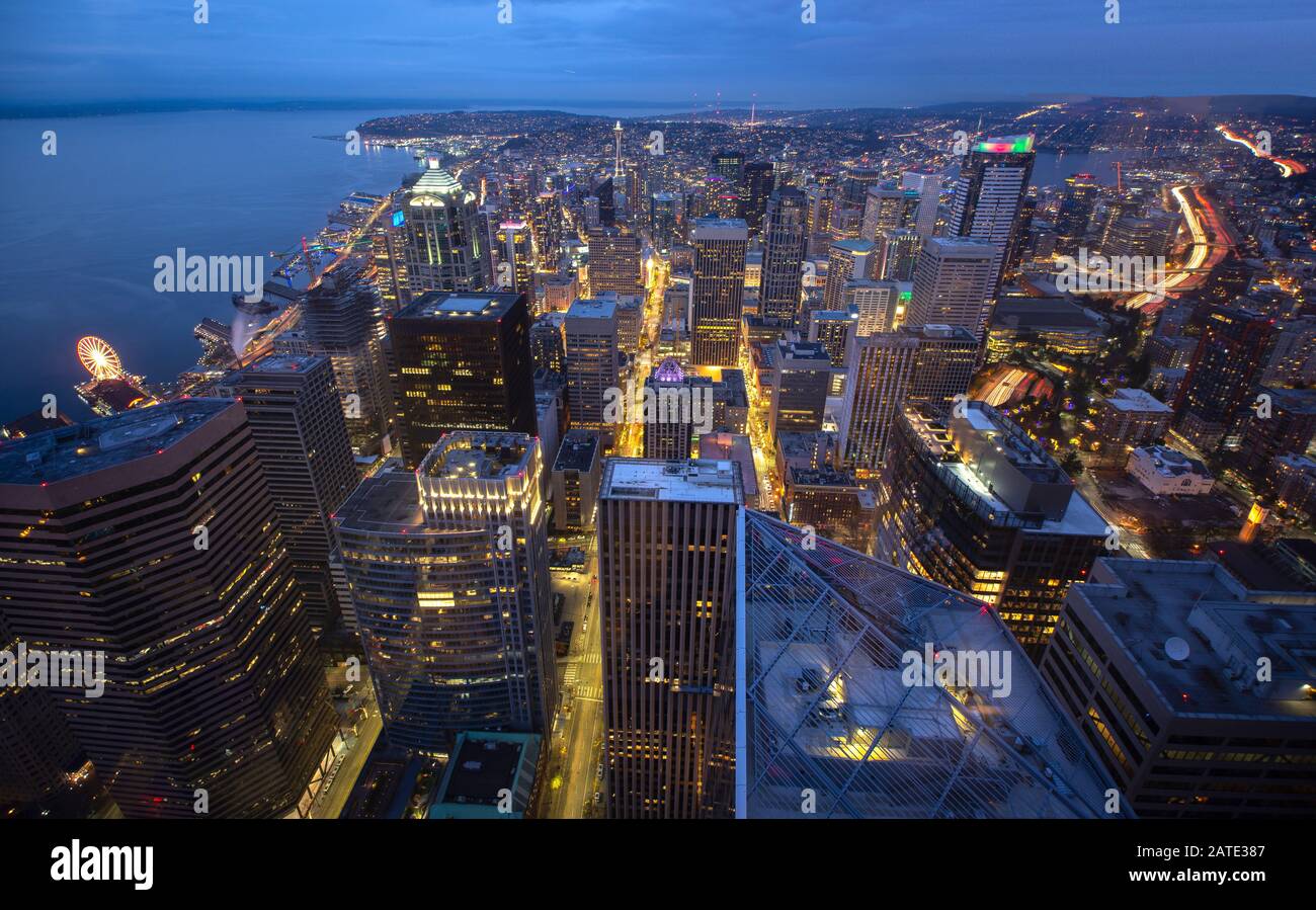 Seattle City at Night aerial view Stock Photo - Alamy