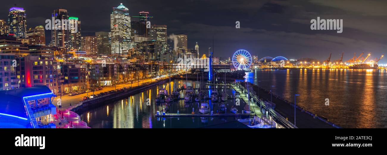 Seattle waterfront view with urban architecture at night wide panorama ...