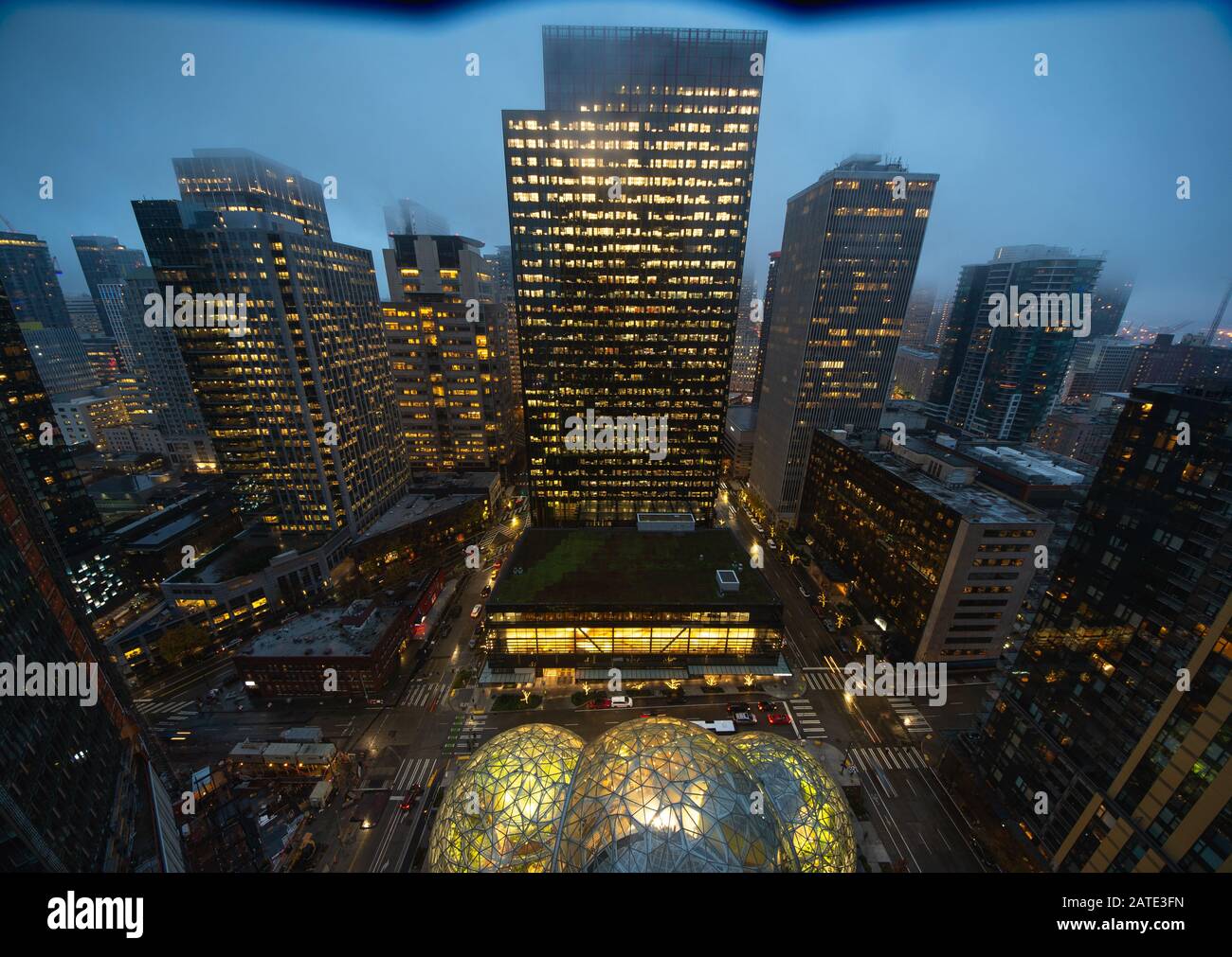 Aerial View of Seattle Downtown at Night from rooftop Stock Photo - Alamy