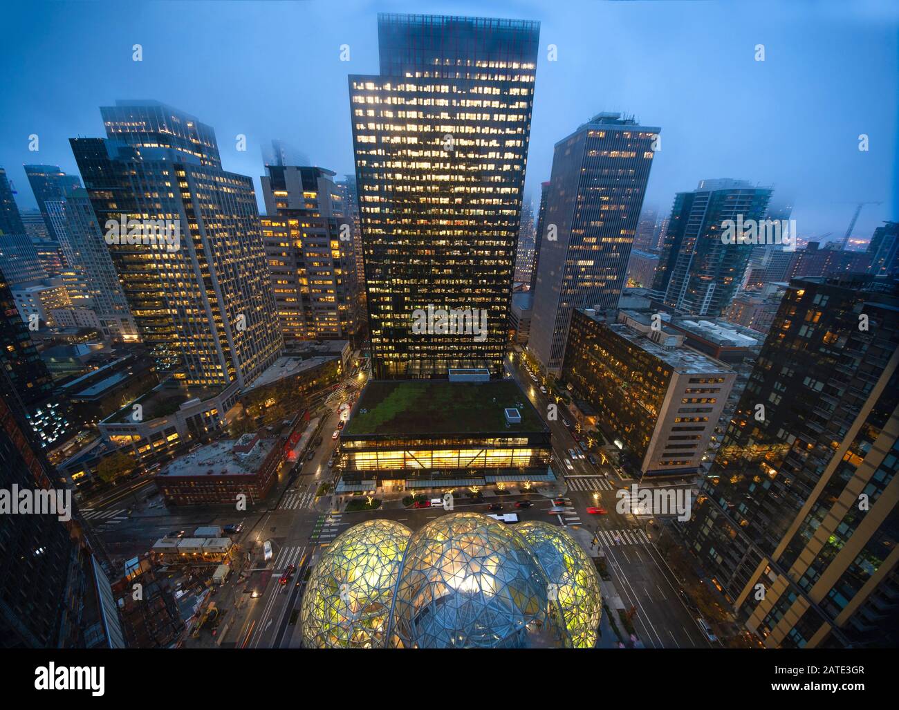 Aerial View of Seattle Downtown at Night from rooftop Stock Photo - Alamy
