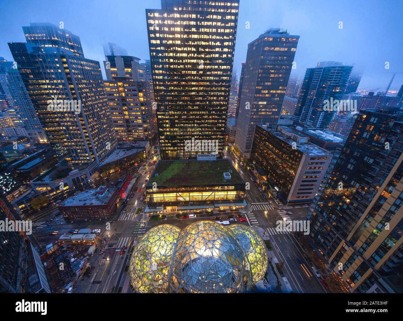 Aerial View of Seattle Downtown at Night from rooftop Stock Photo - Alamy