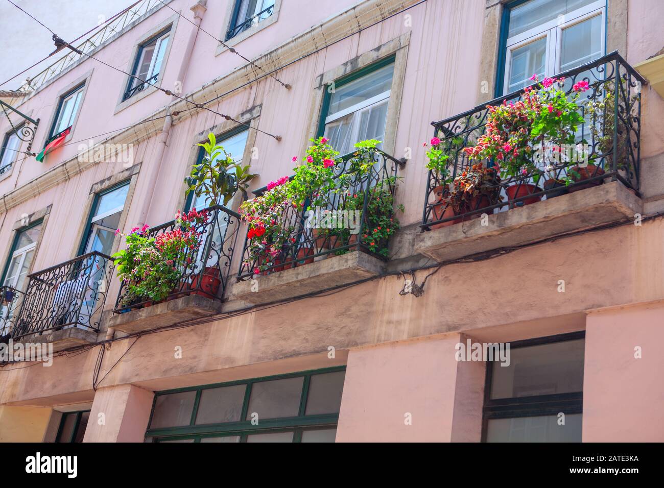 balcony with flowers view from the street Stock Photo - Alamy