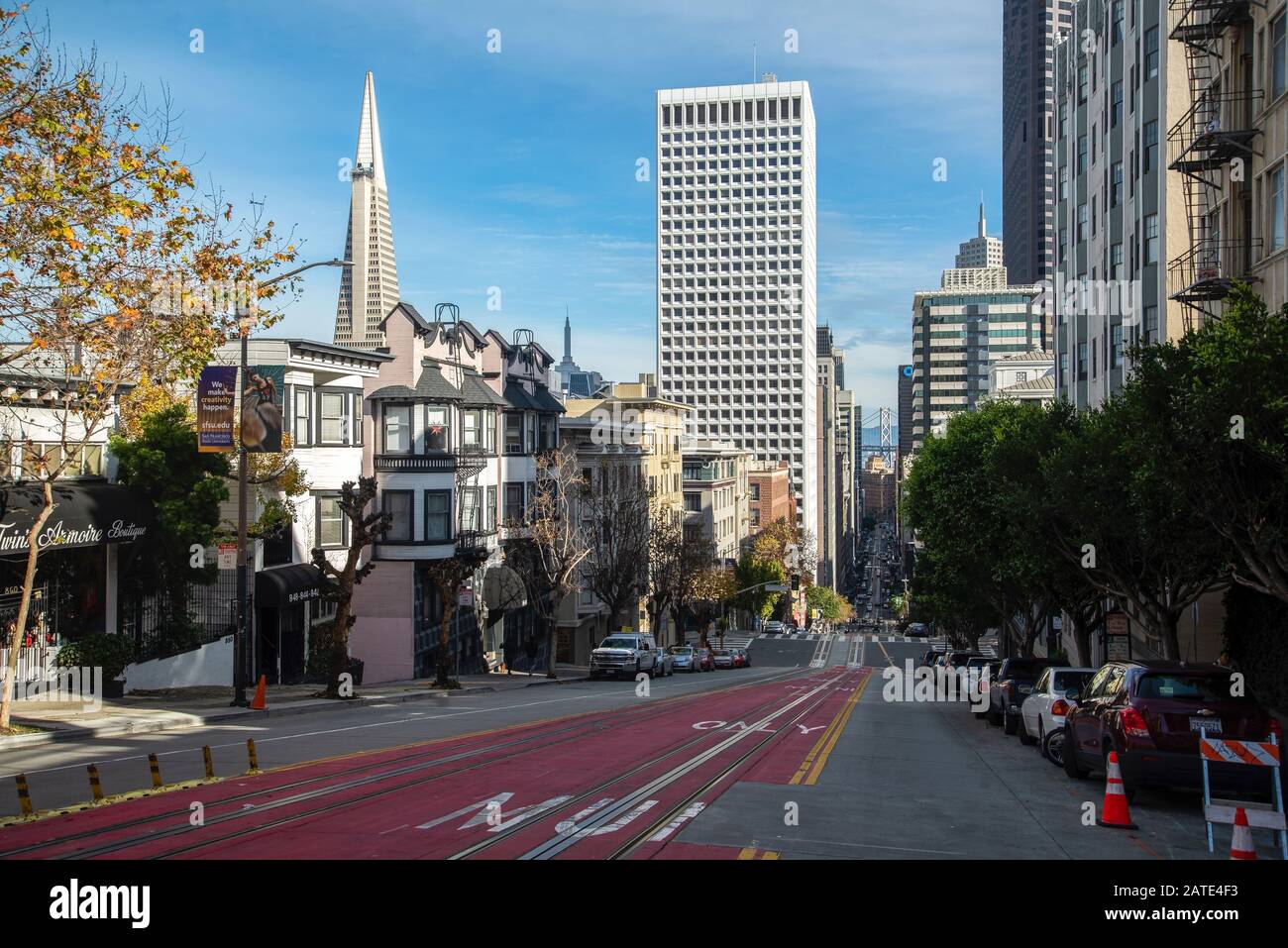 Classic view of historic traditional Cable Cars riding on famous ...