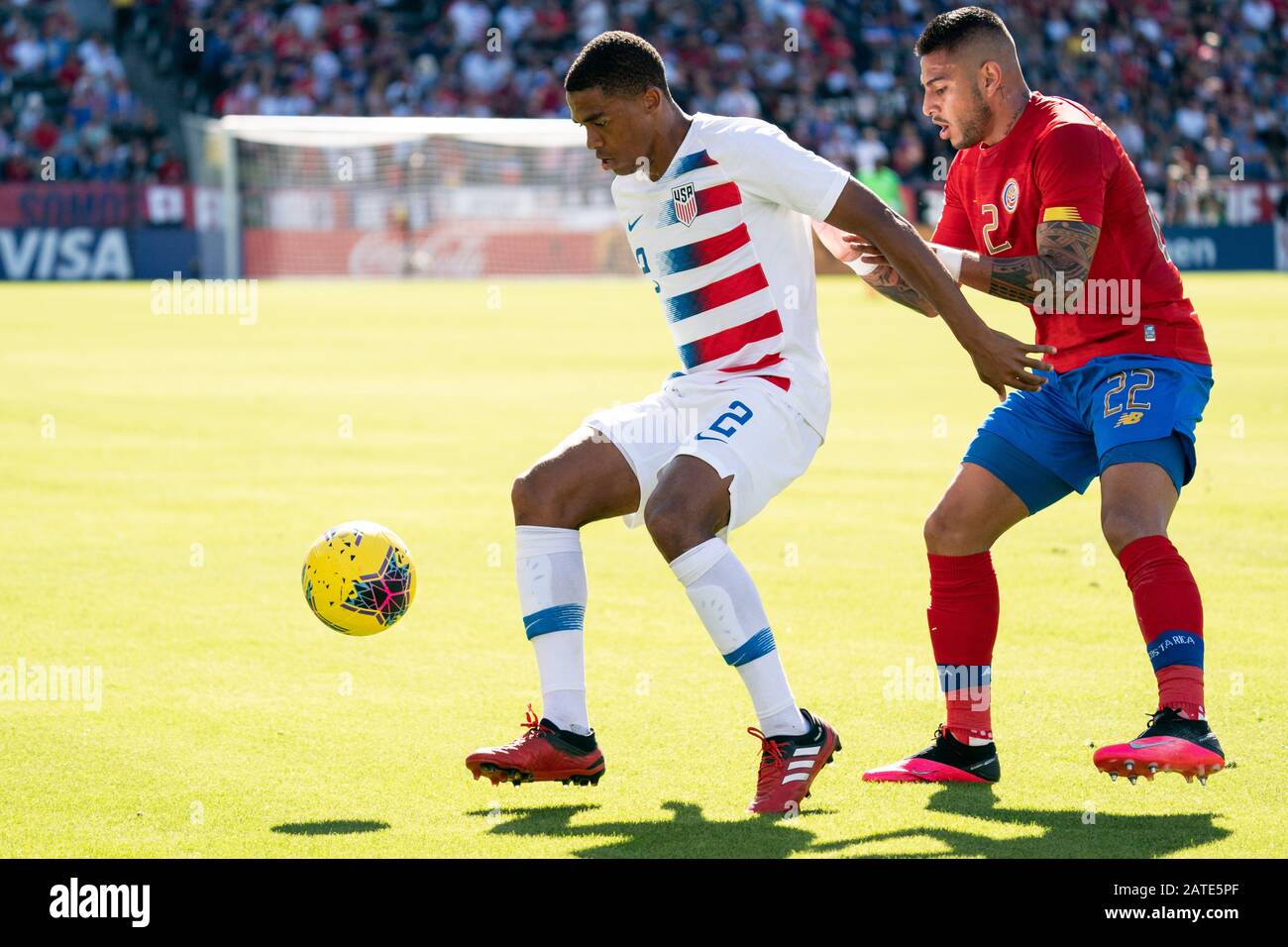 Carson, USA. 01st Feb, 2020. USA defender Reggie Cannon (2) is defended ...