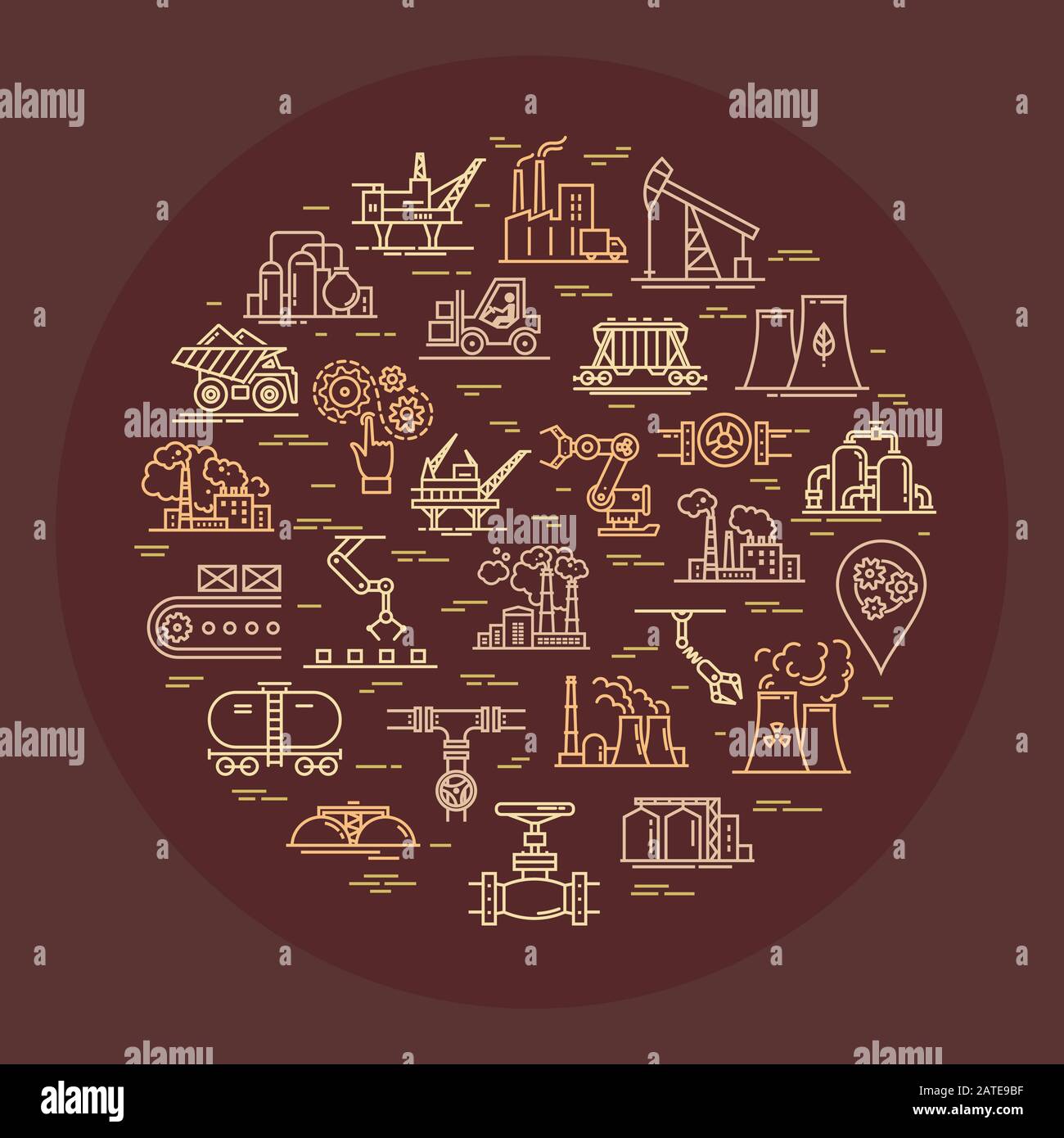 Circular vector concept consisting of linear icons on an industrial ...