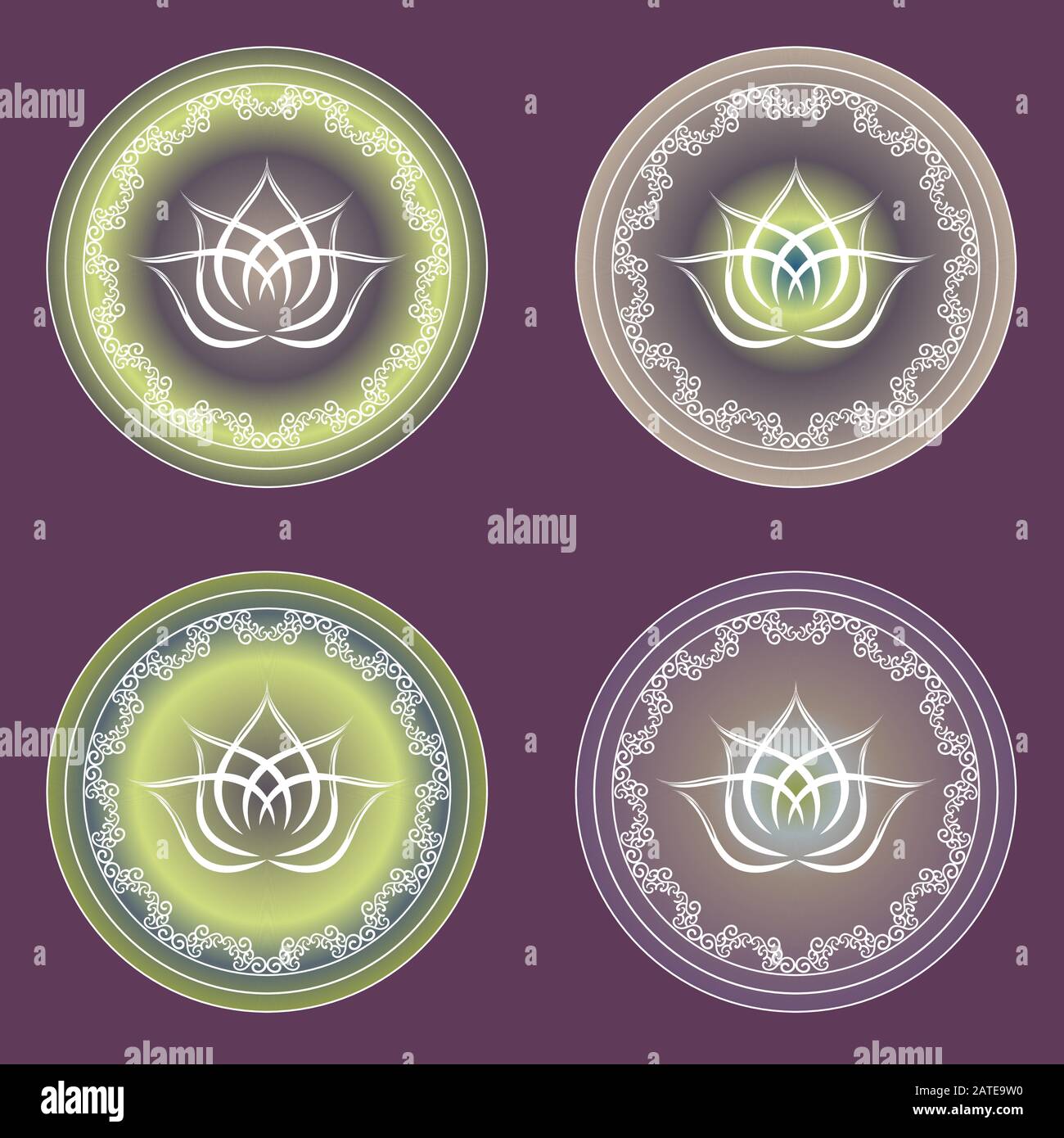 Four lotus signs in glowing purple and yellow circles for spa and yoga ...